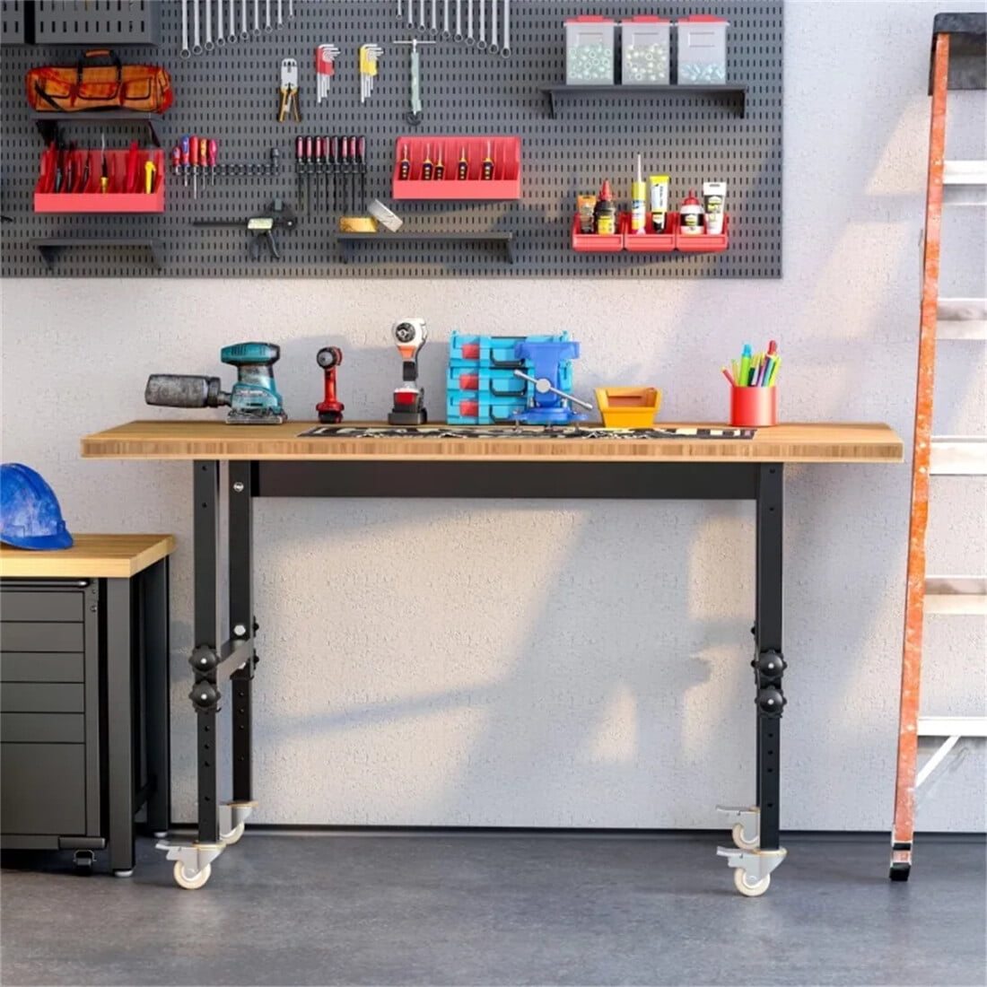 59" Garage Work Bench with Lockable Wheels & Height Adjustable Legs ...