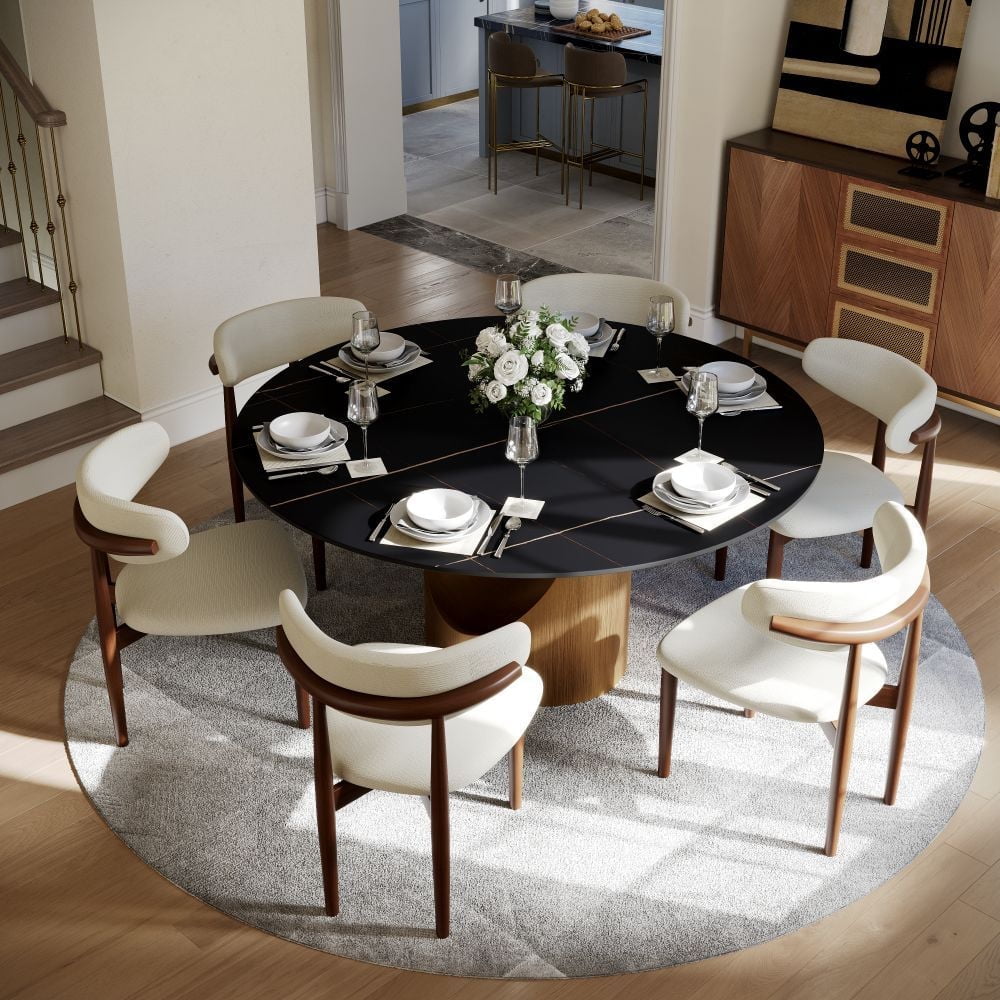 POVISON-59" Hobart Modern Round Dining Table for 6, Black Matte ...
