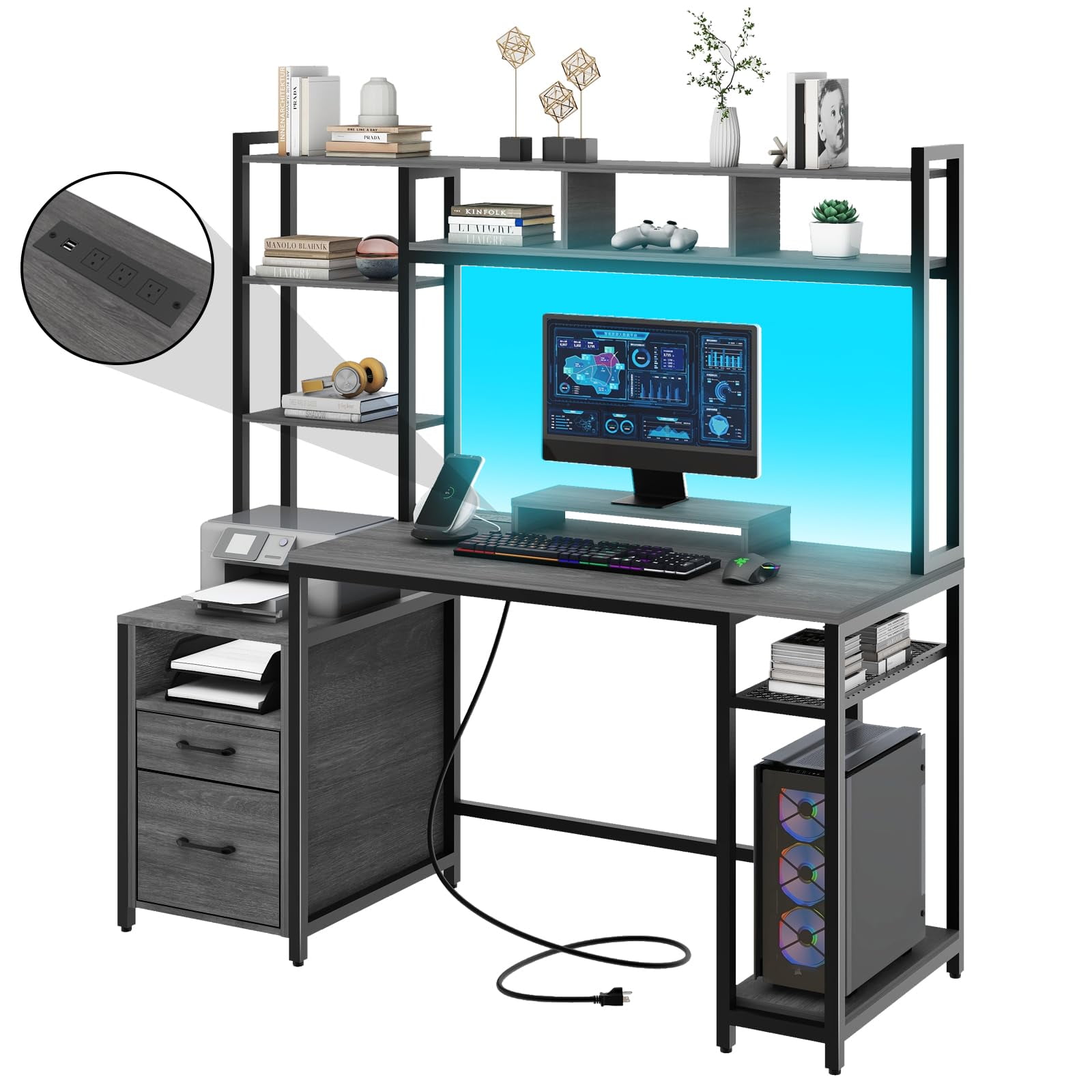 "59"" Sleek Home Office Desk with Built-in Storage Shelves, 2 Drawers ...