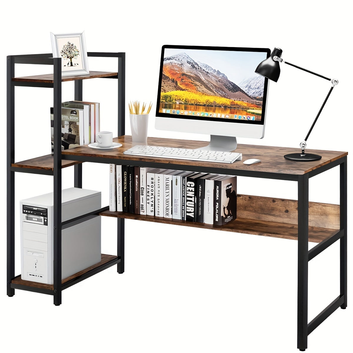 59-Inch Computer Desk with Bookshelf, Home Office Desk with Storage ...