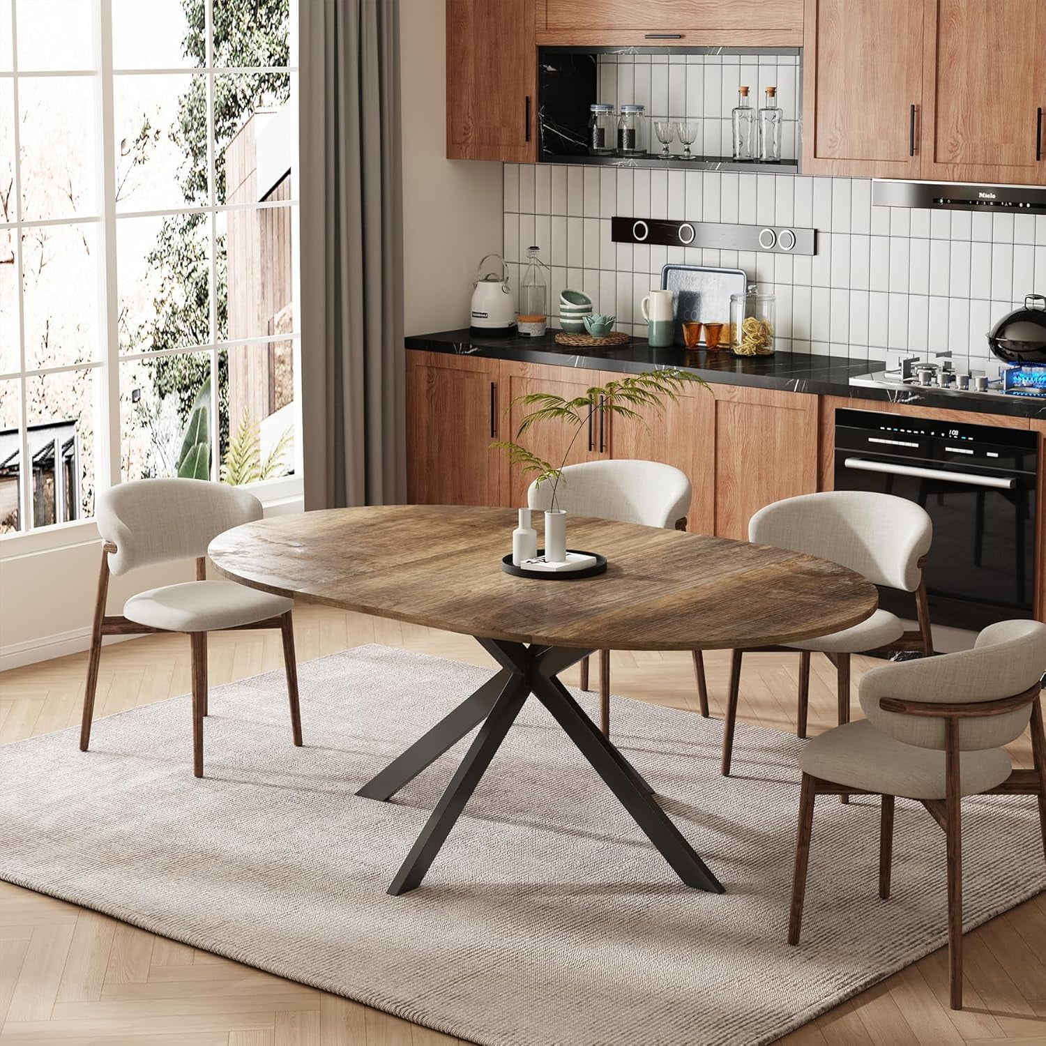 59-Inch Extendable Round Dining Table for Dining Room, 4-6 People Large ...