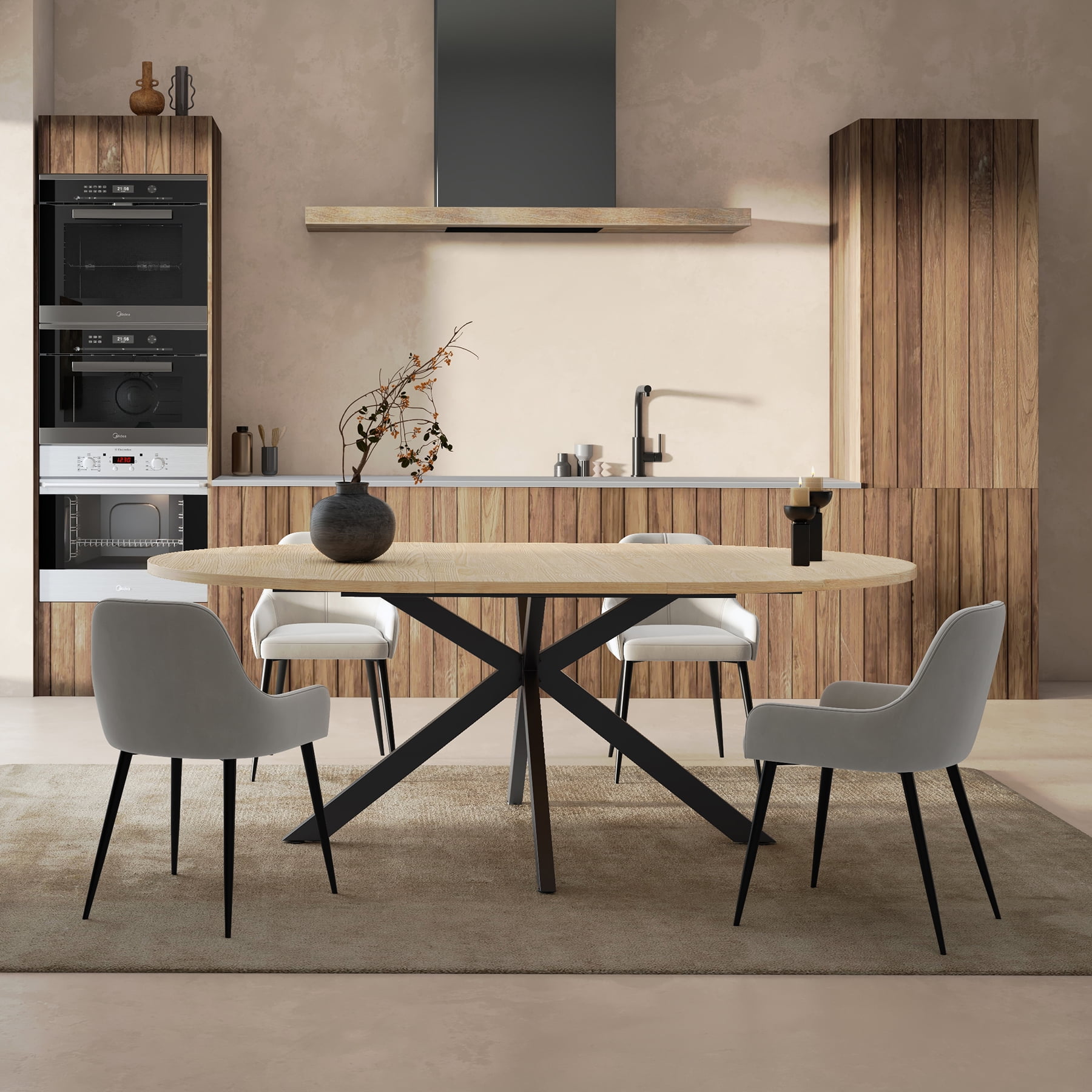 59-Inch Extendable Round Dining Table for Dining Room, 4-6 People Mid ...