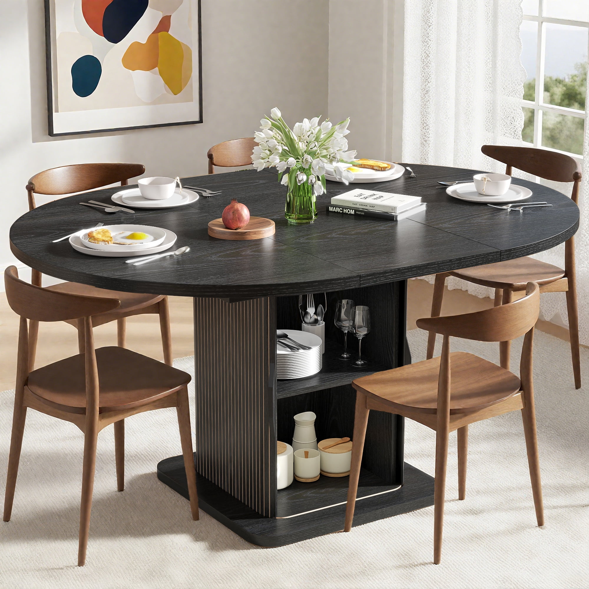 59 Inch Extendable Round Dining Table for 4-6, Kitchen Dining Table ...