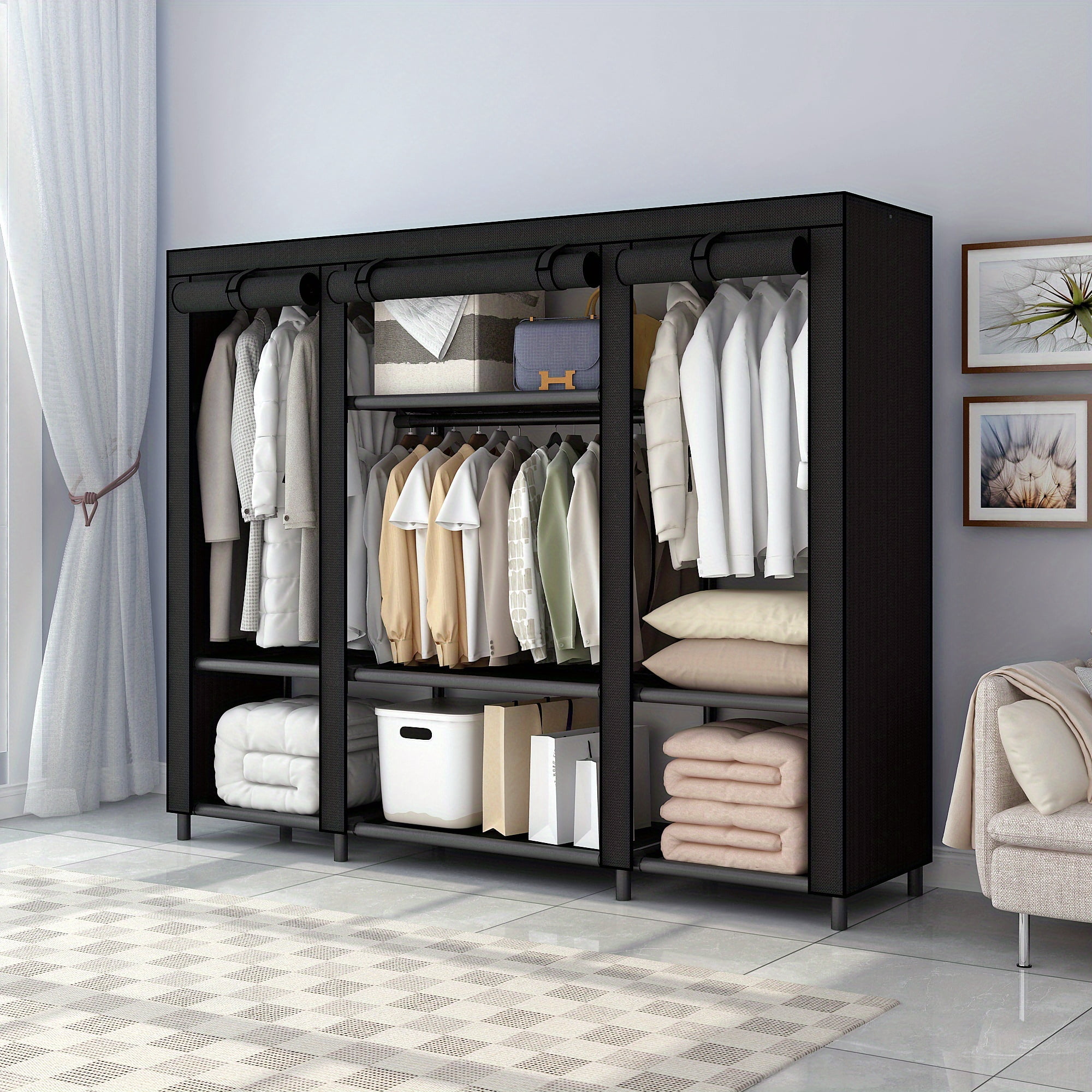 59 Inch Large Capacity Portable Wardrobe, Multifunctional Hanging ...