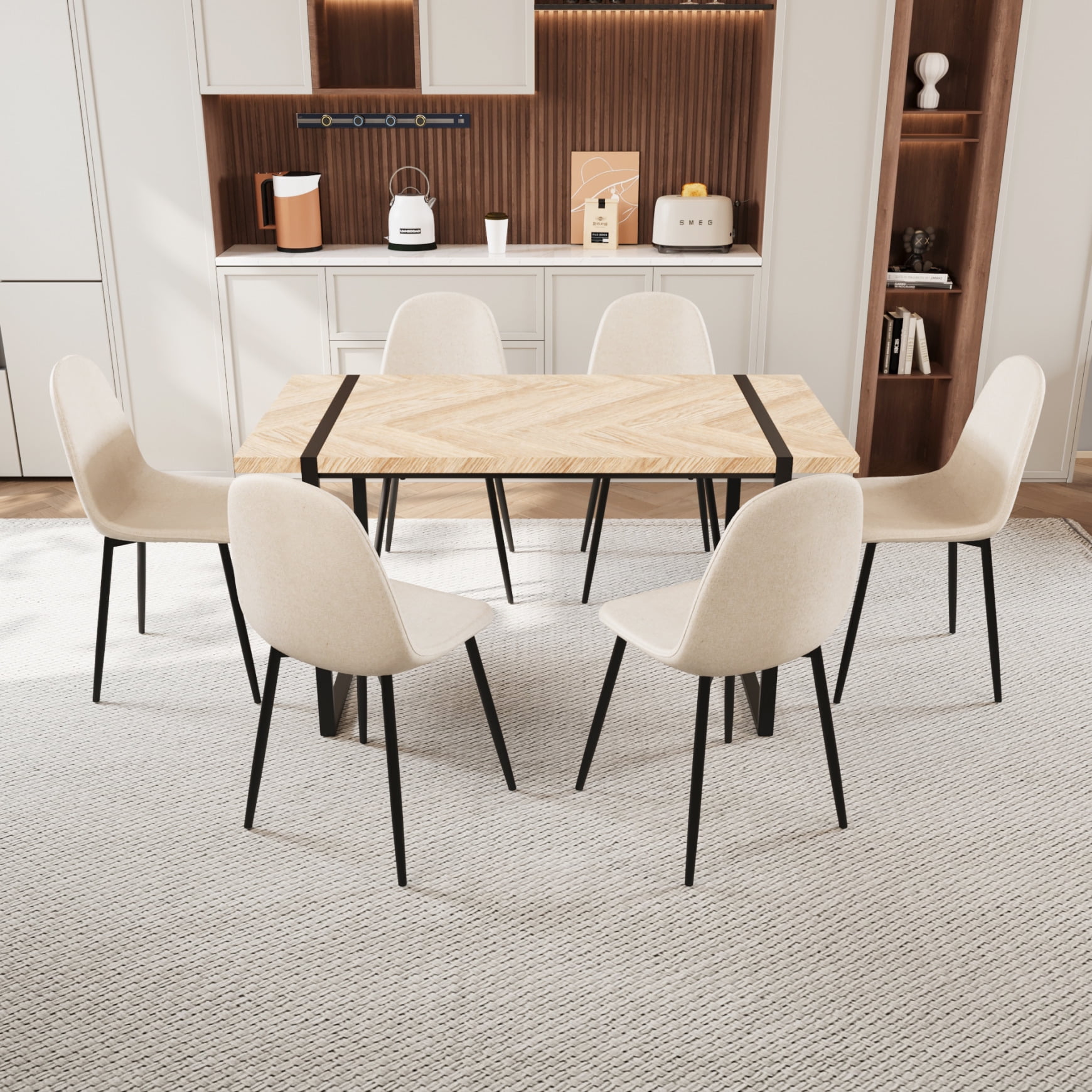 59 Inch Light Wood Dining Table with Modern Suede Chairs Set of 8 ...