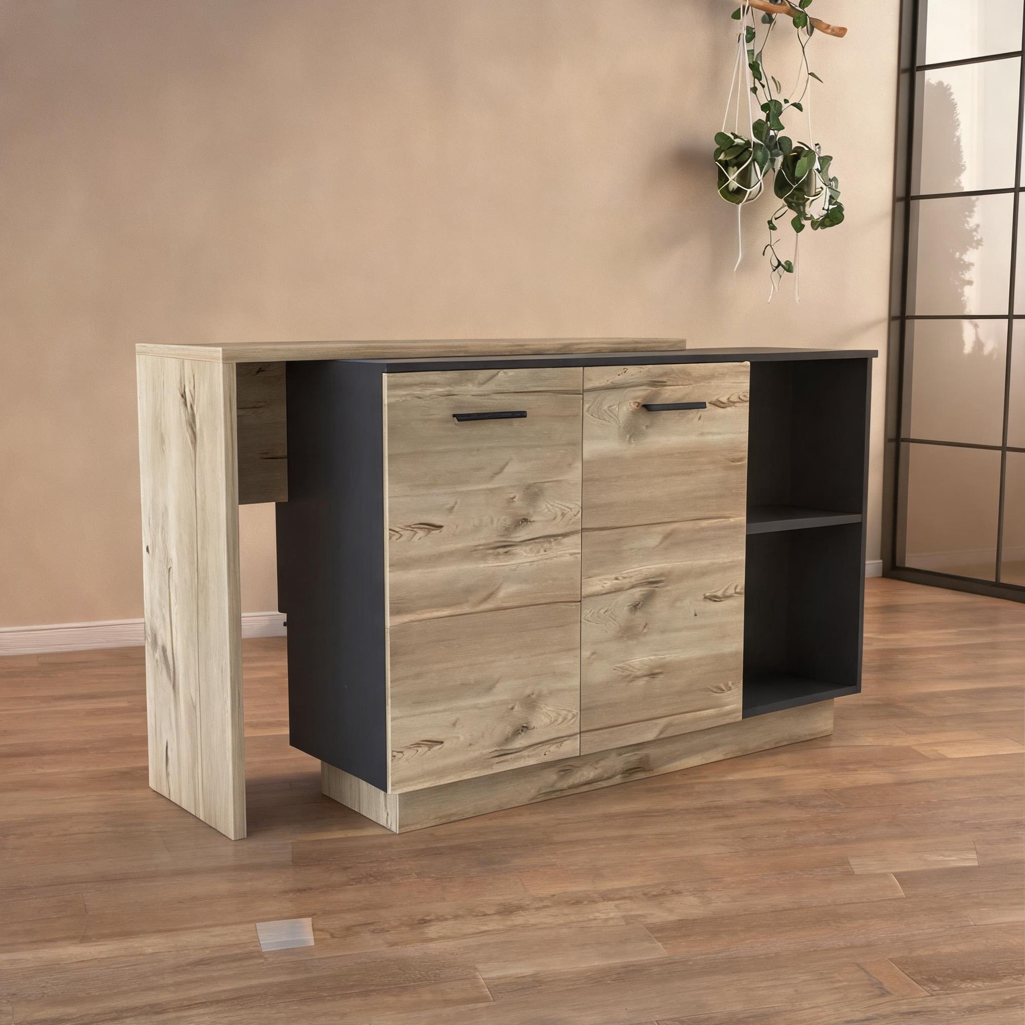 59-Inch Modern Kitchen Island Table with Double Door Cabinets and Open ...