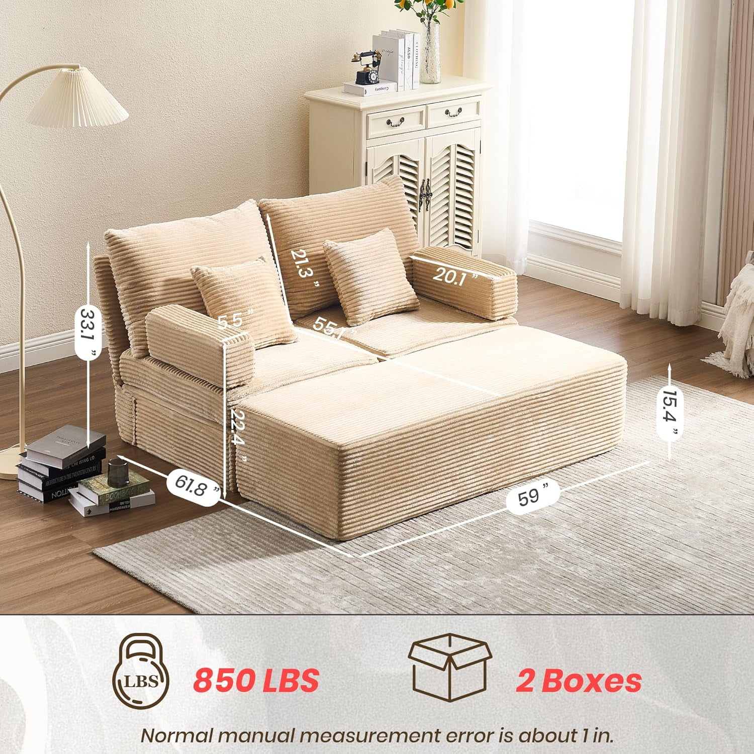 59-Inch Oversized Chaise Lounge Sofa with Storage Ottoman, Corduroy ...