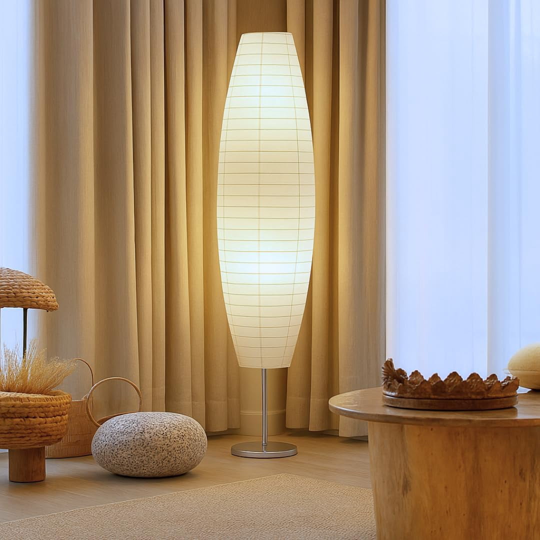 59-Inch Rice Paper Floor Lamp – Japanese-Style Lantern with White Shade ...