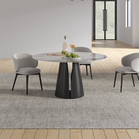 59 Inch Slate Dining Table with Black Pedestal, Modern Farmhouse Round ...