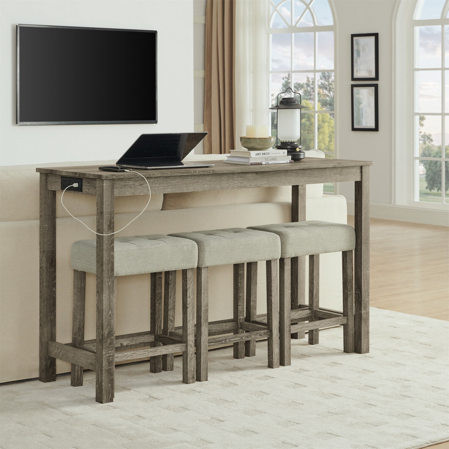 59-Inch Solid Wood Bar Table with Built-In Charging Hub Featuring USB ...