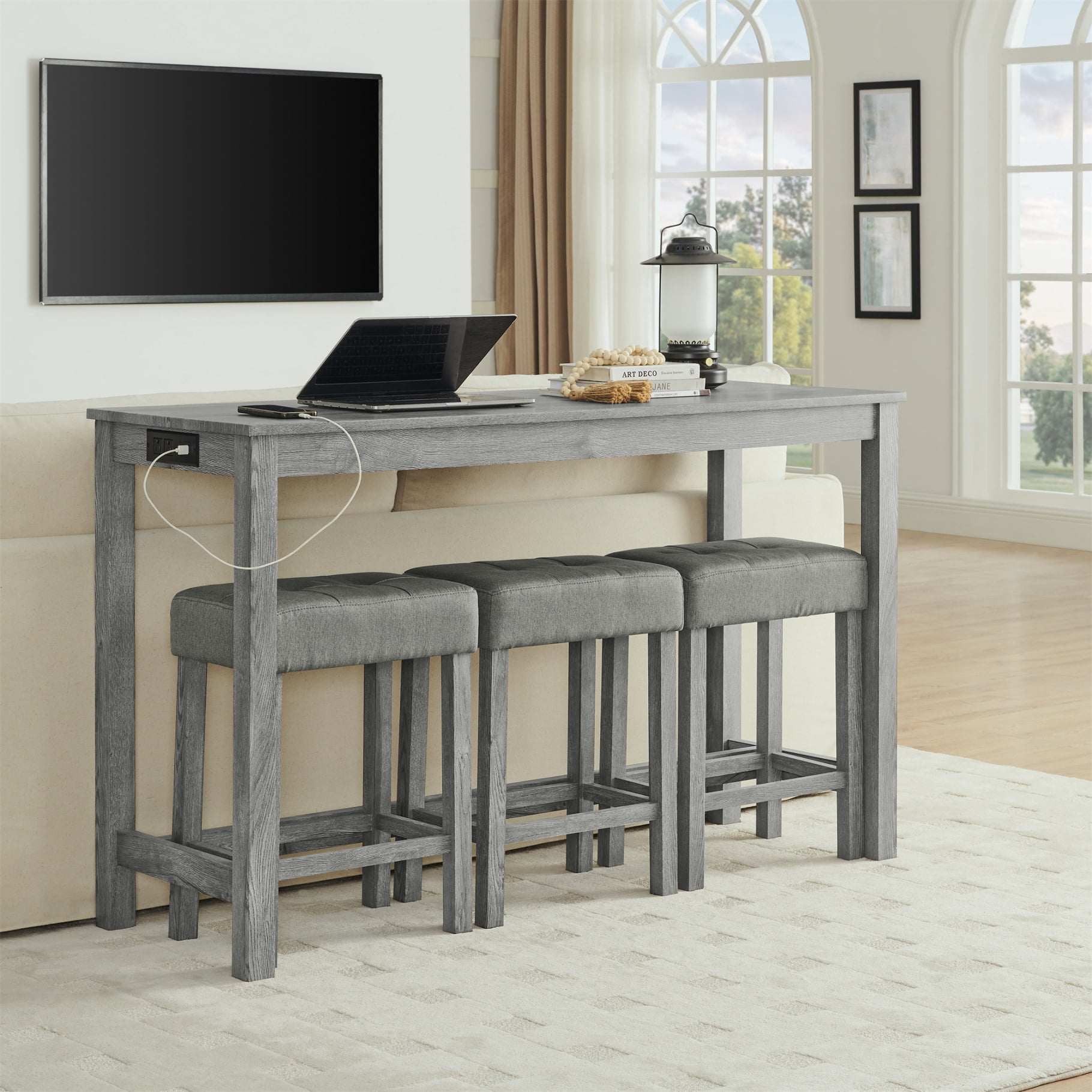 59-Inch Solid Wood Bar Table with Built-In Charging Ports, 3 ...