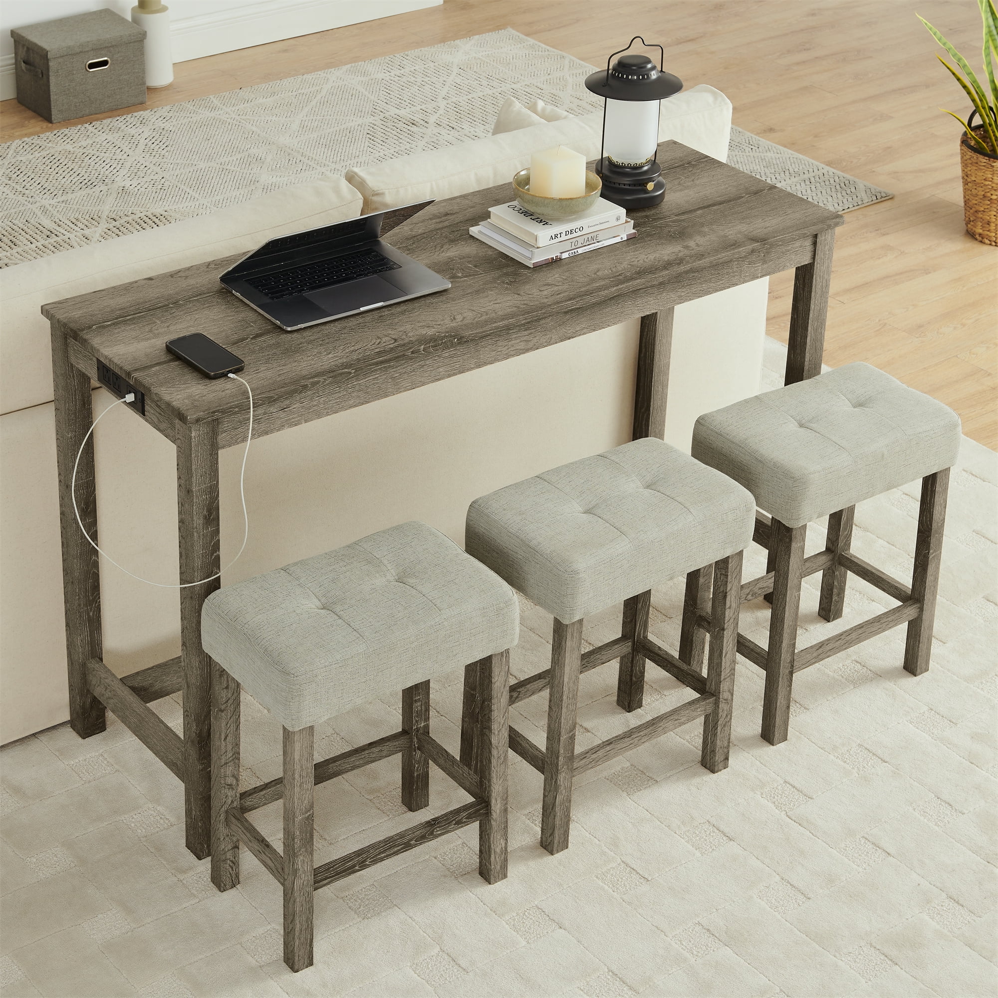 59" Industrial Bar Table Set with 3 Upholstered Stools, Built-in USB ...