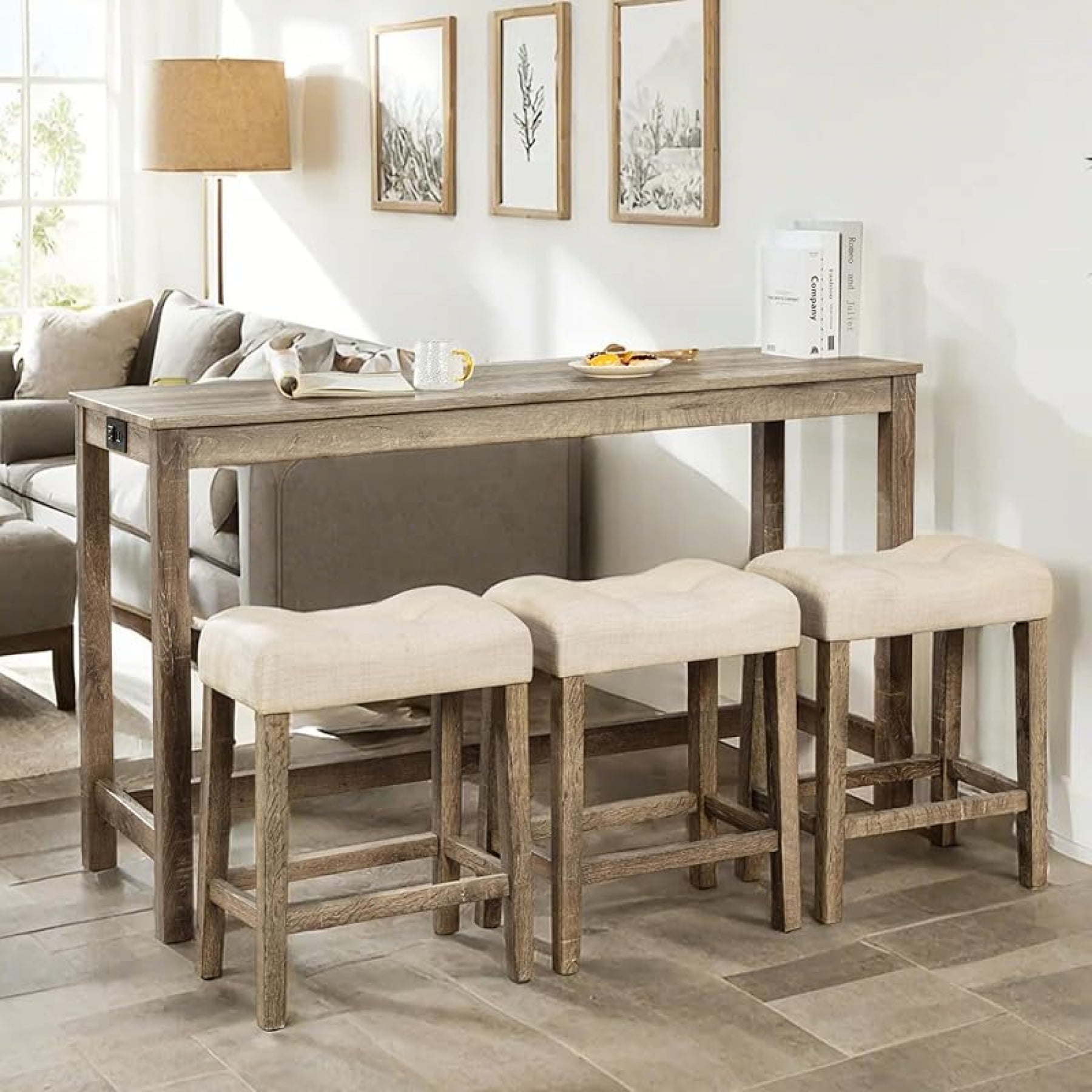 59" Industrial Bar Table Set with Built-in Power Outlet Behind Couch ...