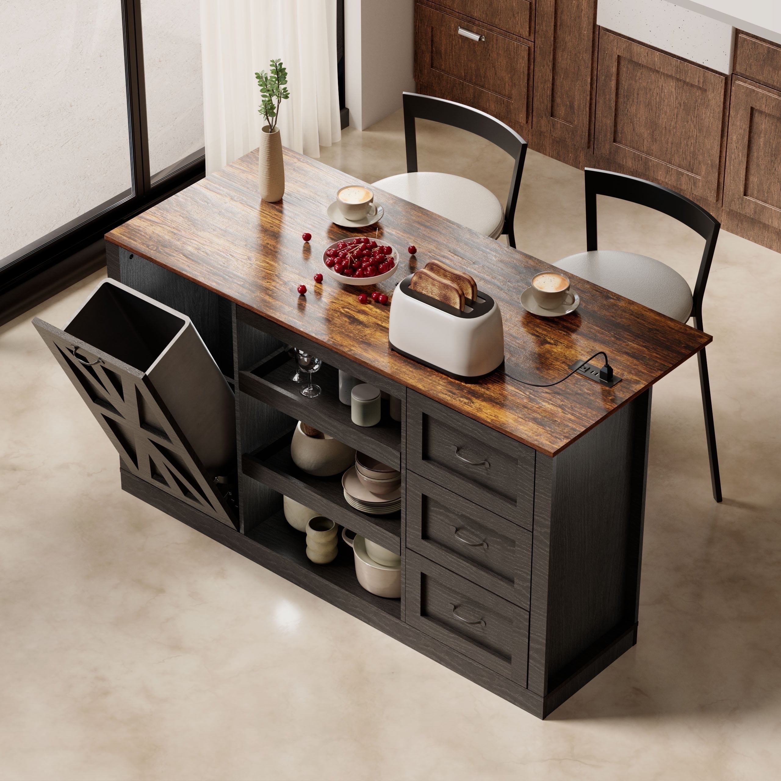 59” Kitchen Island with Power Outlet & Drop Leaf, Island Table for ...