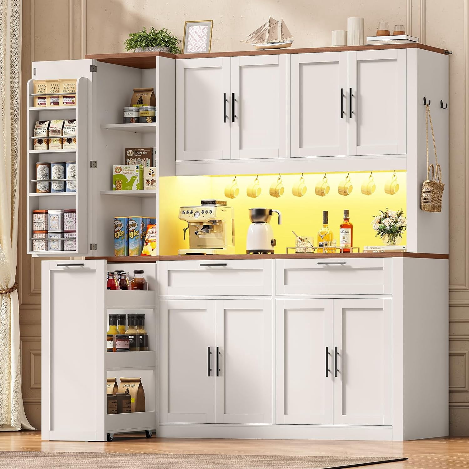 59" Kitchen Pantry Cabinet with Charging Station & LED Light, White ...