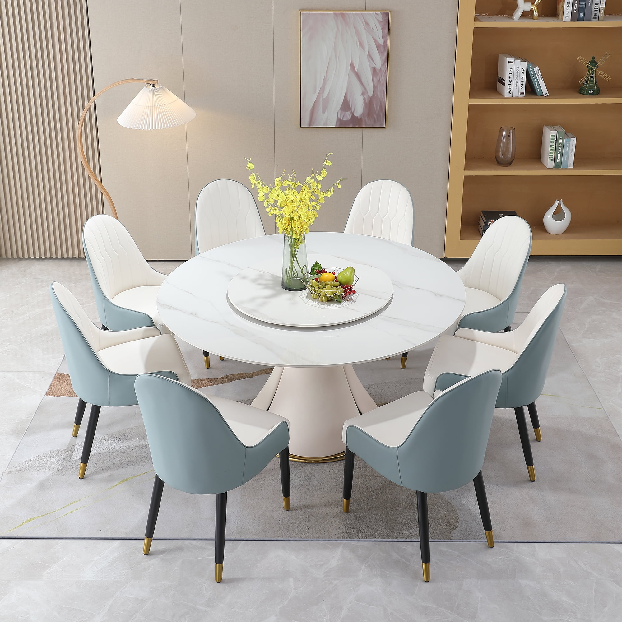 Leavader 59” Round Dining Table Set with Sintered Stone, 31.5 ...