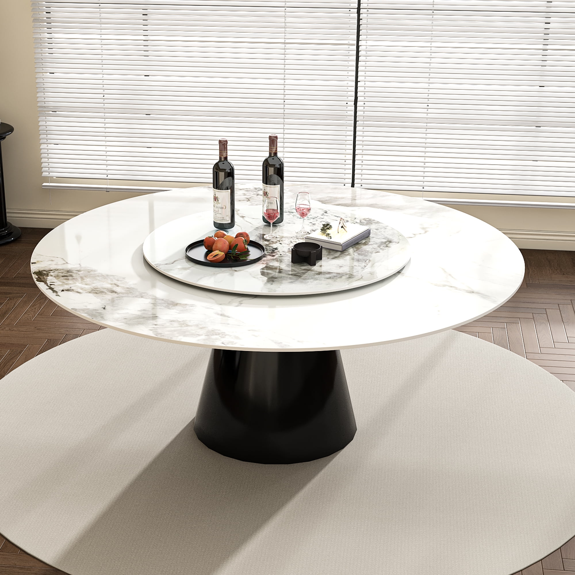 59" Marble Round Dining Table, Sintered Stone Round Dining Table with ...