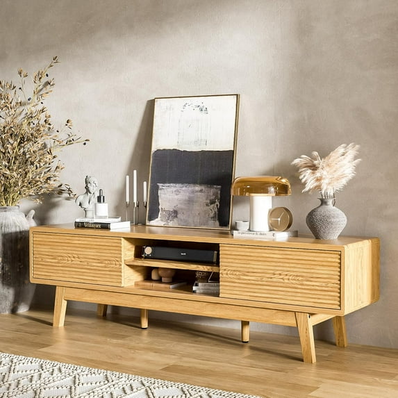 59" Mid Century Modern TV Stand, Low Profile Media Console with Fluted ...