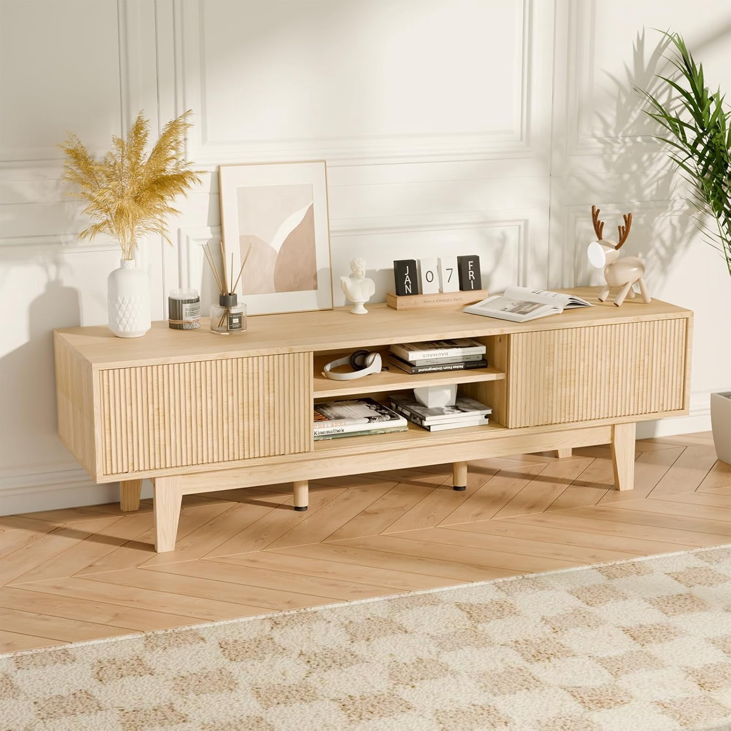 59" Mid-Century Modern TV Stand with Fluted Sliding Doors - Solid Wood ...