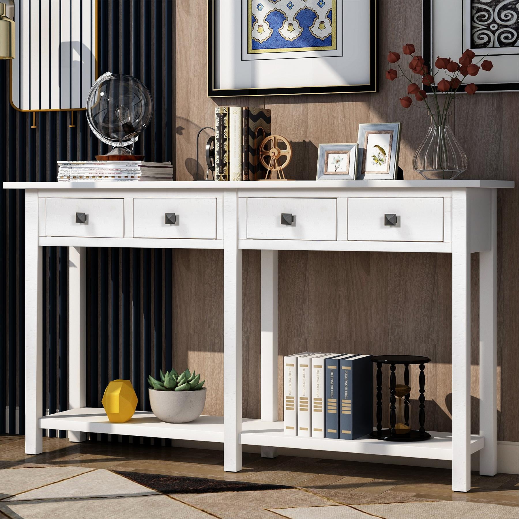 Clipeyh 59 inch Modern Console Table with 4 Drawers Entry Wood Shelf Sofa Table for Living Room Hallway Foyer Ivory White