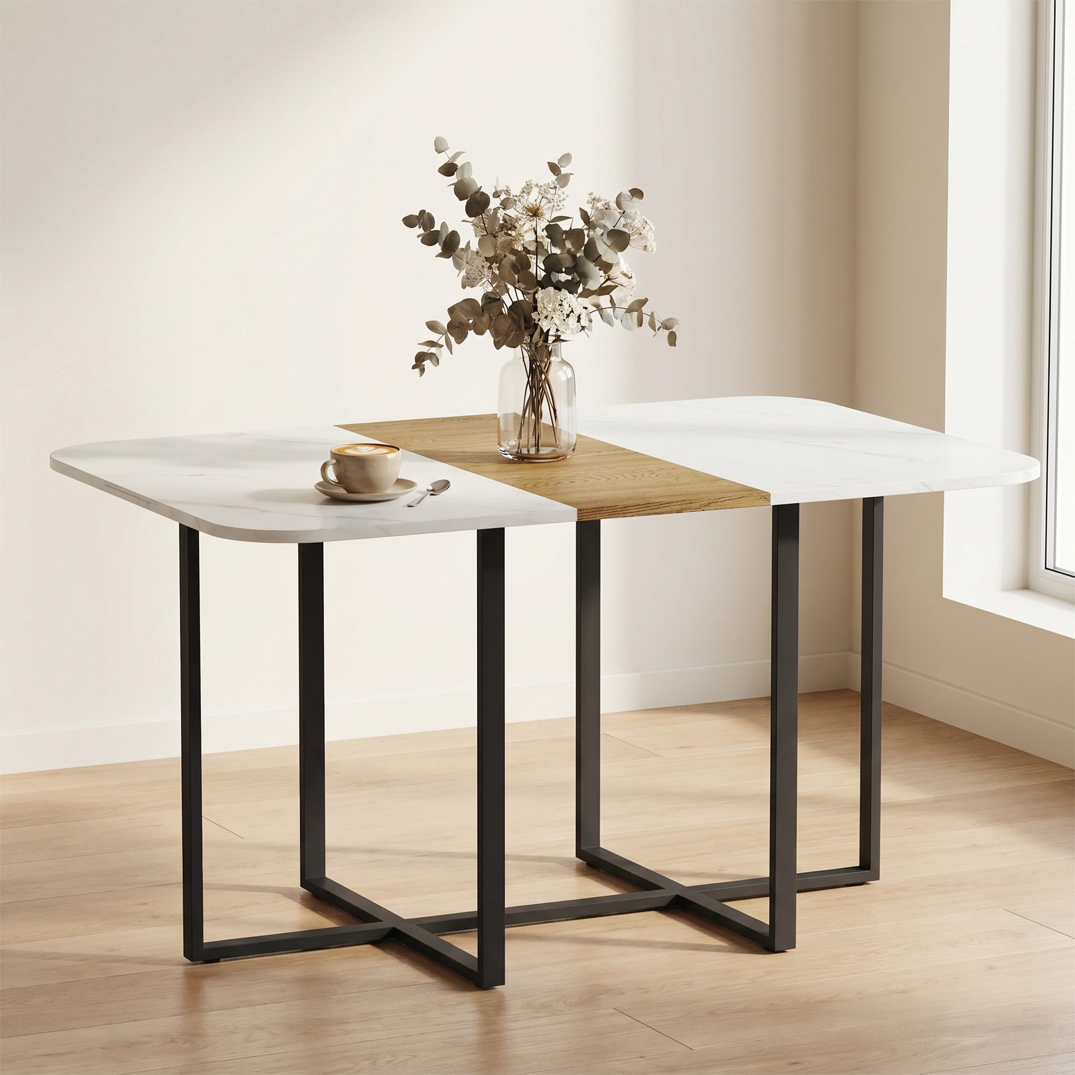 59" Modern MDF Dining Table with White Faux Marble & Wood Grain ...