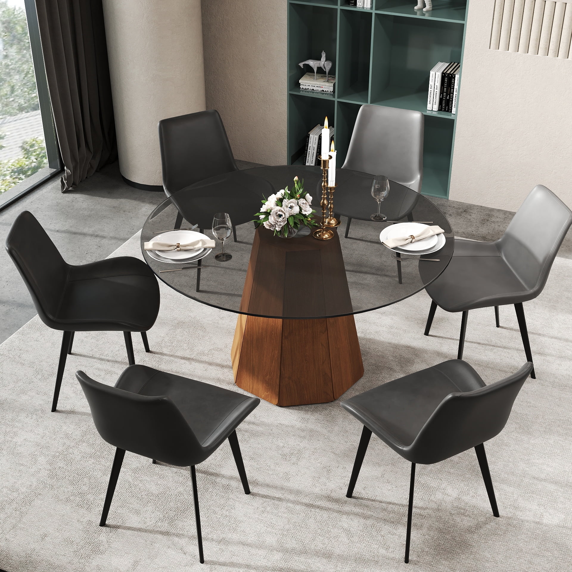 59" Modern Round Dining Table w Black Base, Tempered Glass Round ...