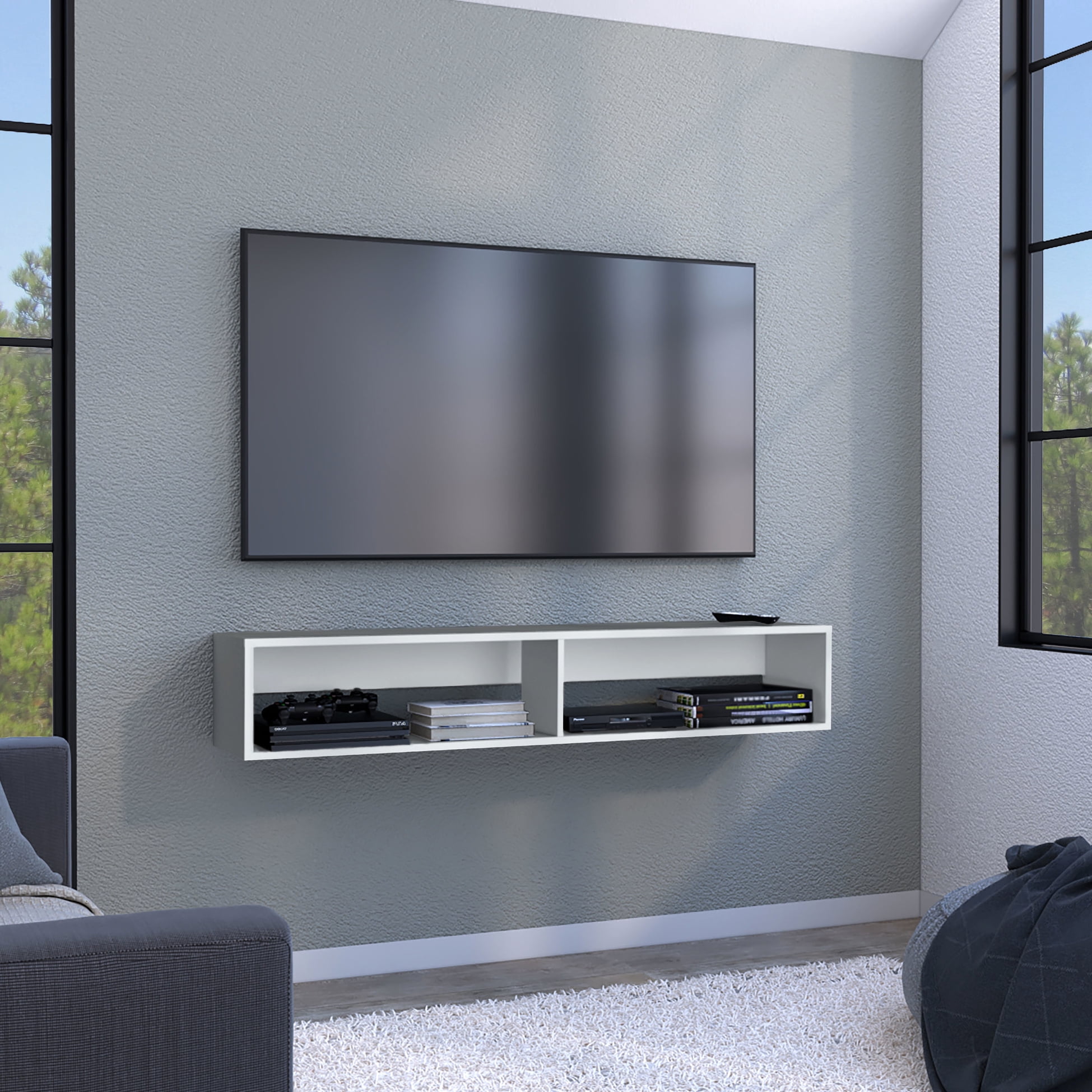 59" Modern Tv Shelf, White - Two Open Sections For 65" Tvs, Easy ...