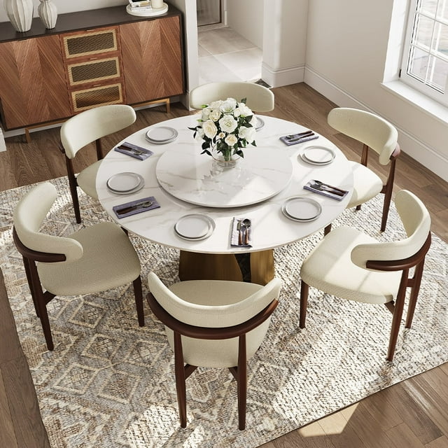 POVISON 59"Modern Black Round Dining Table with Lazy Susan for 6, Matte ...
