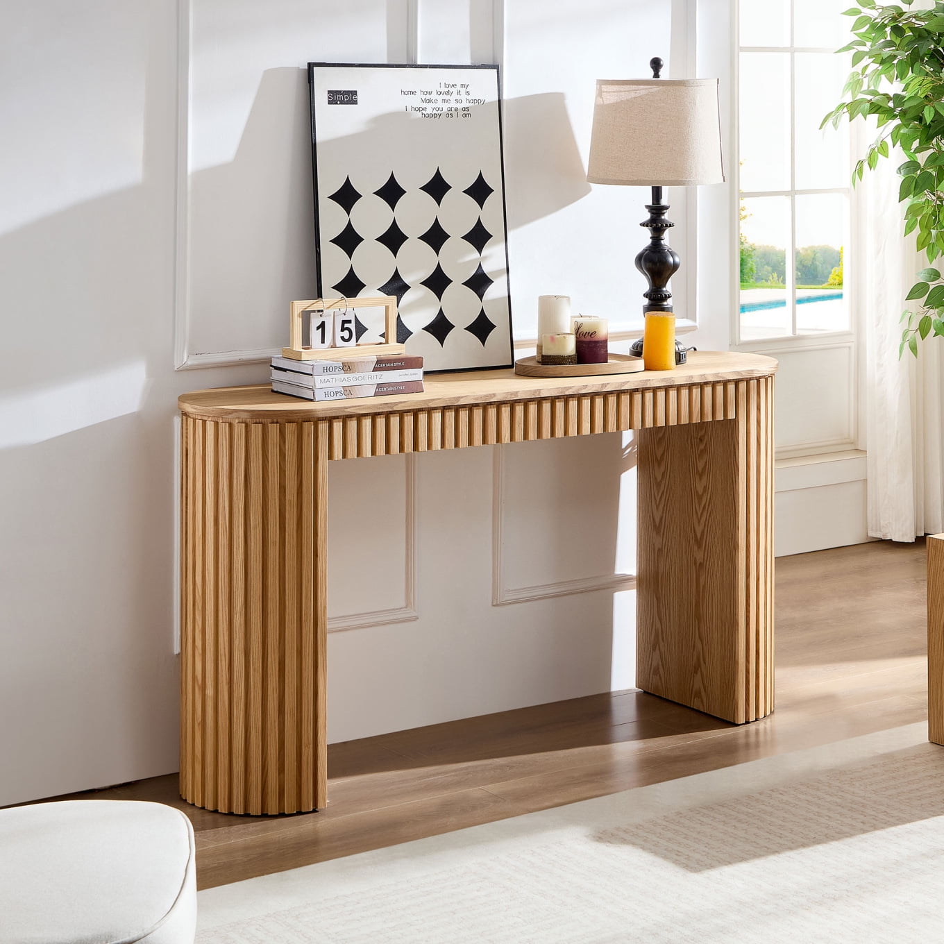 59" Narrow Console Table with Pull-out Drawer, Modern Rounded Curves ...