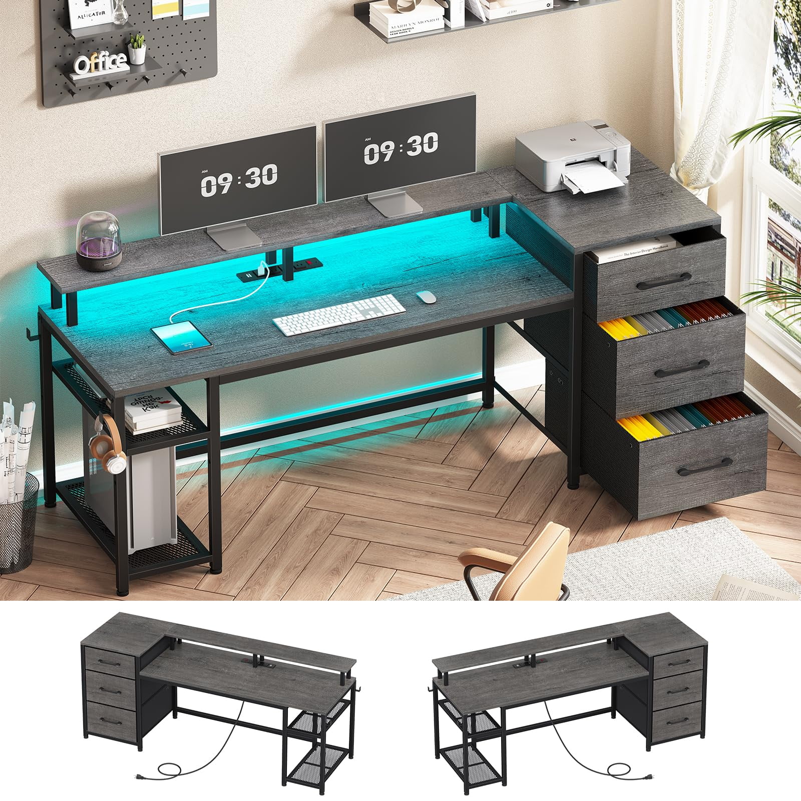 59" Office Desk with Drawers, Reversible Computer Desk with File ...
