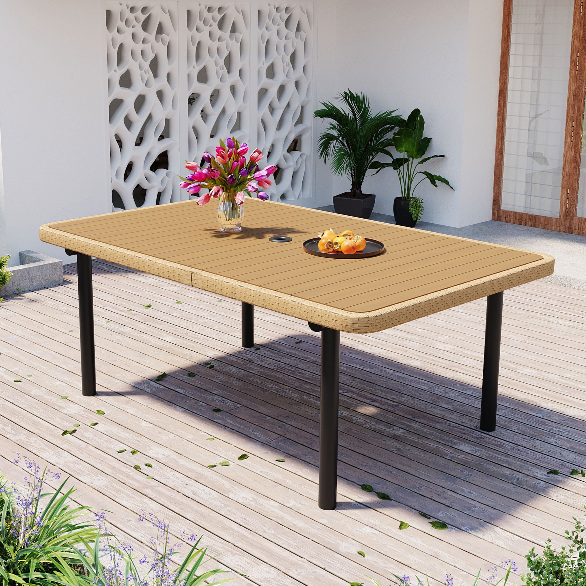 59" Outdoor Patio Dining Table, Polywood Tabletop with Umbrella Hole ...