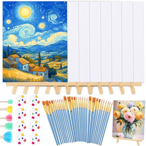 59 Pack Canvas with Easel Set Mini Painting Kit with 8 x 10 Inch Canvas ...