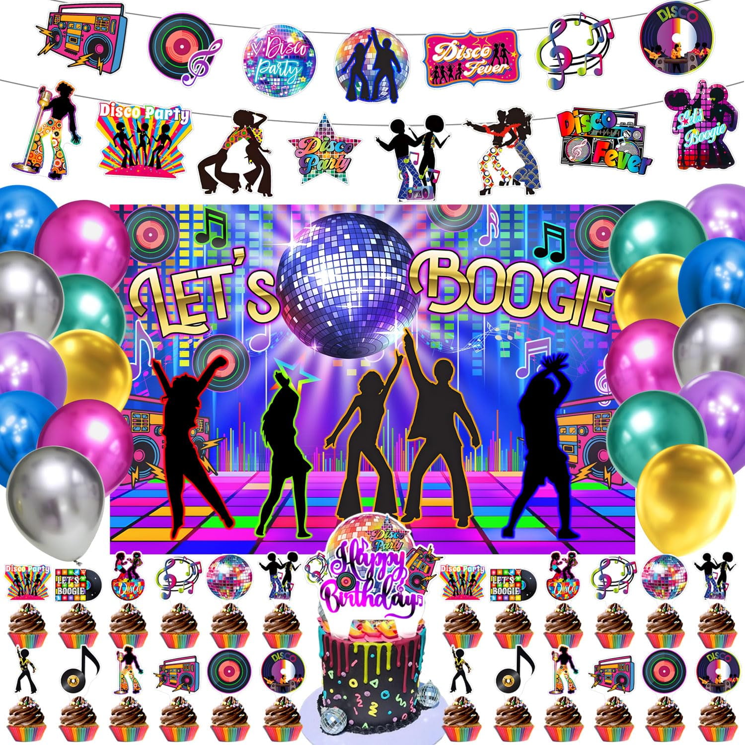 59 Pcs Disco Birthday IFF17 Party Supplies, Let's Boogie Disco Themed ...