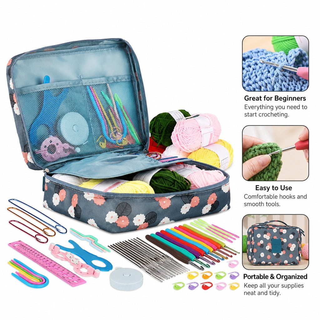59 Piece Crochet Hook Set, Portable DIY Knitting Kit with Yarn Tools ...