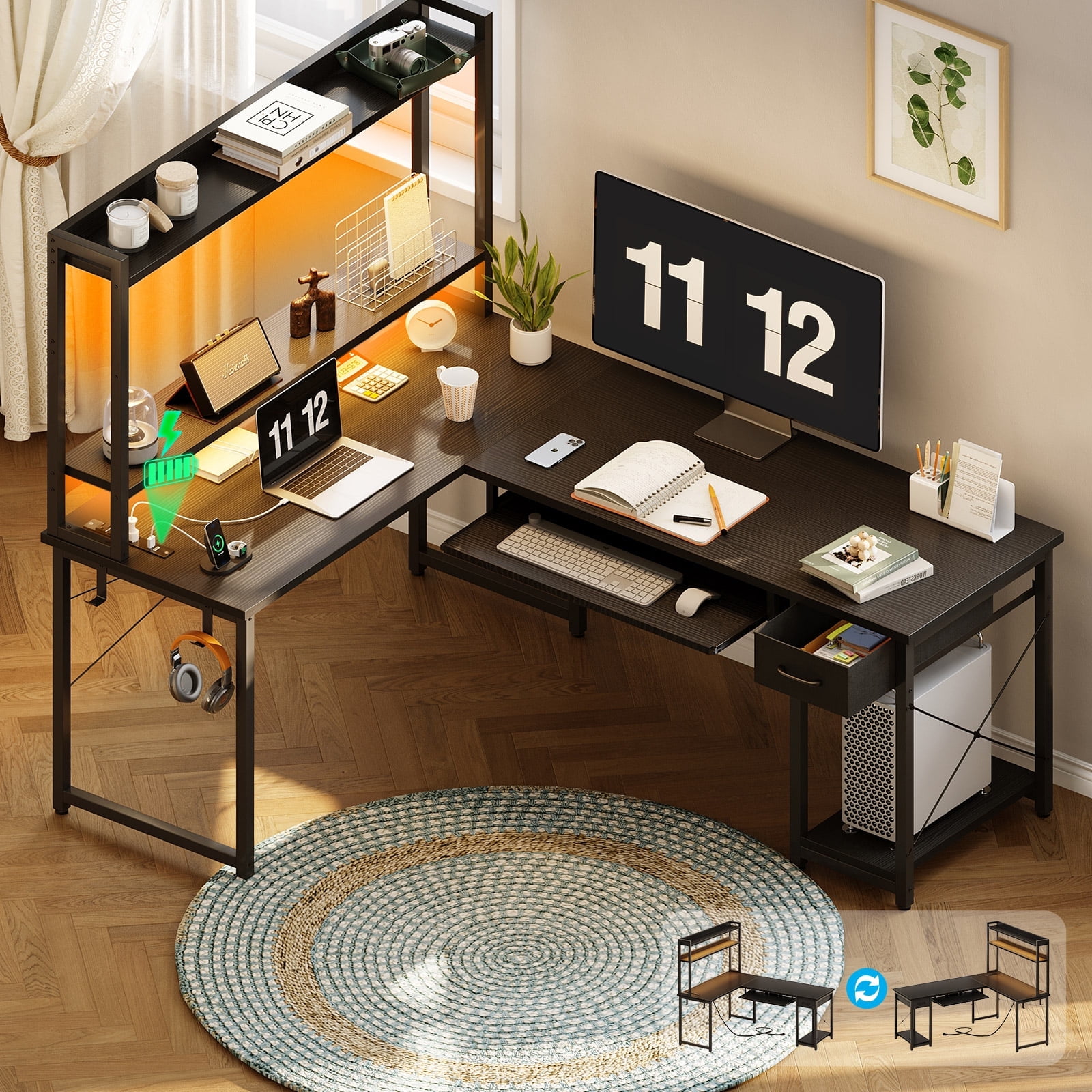 59" Reversible L-Shaped Gaming Desk with Power Outlets & LED Lights ...