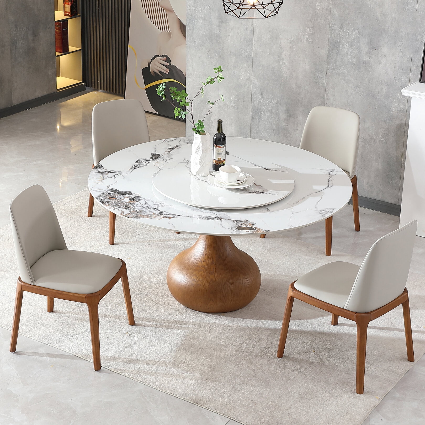 59” Round Sintered Stone Dining Table with Lazy Susan - Modern Marble ...