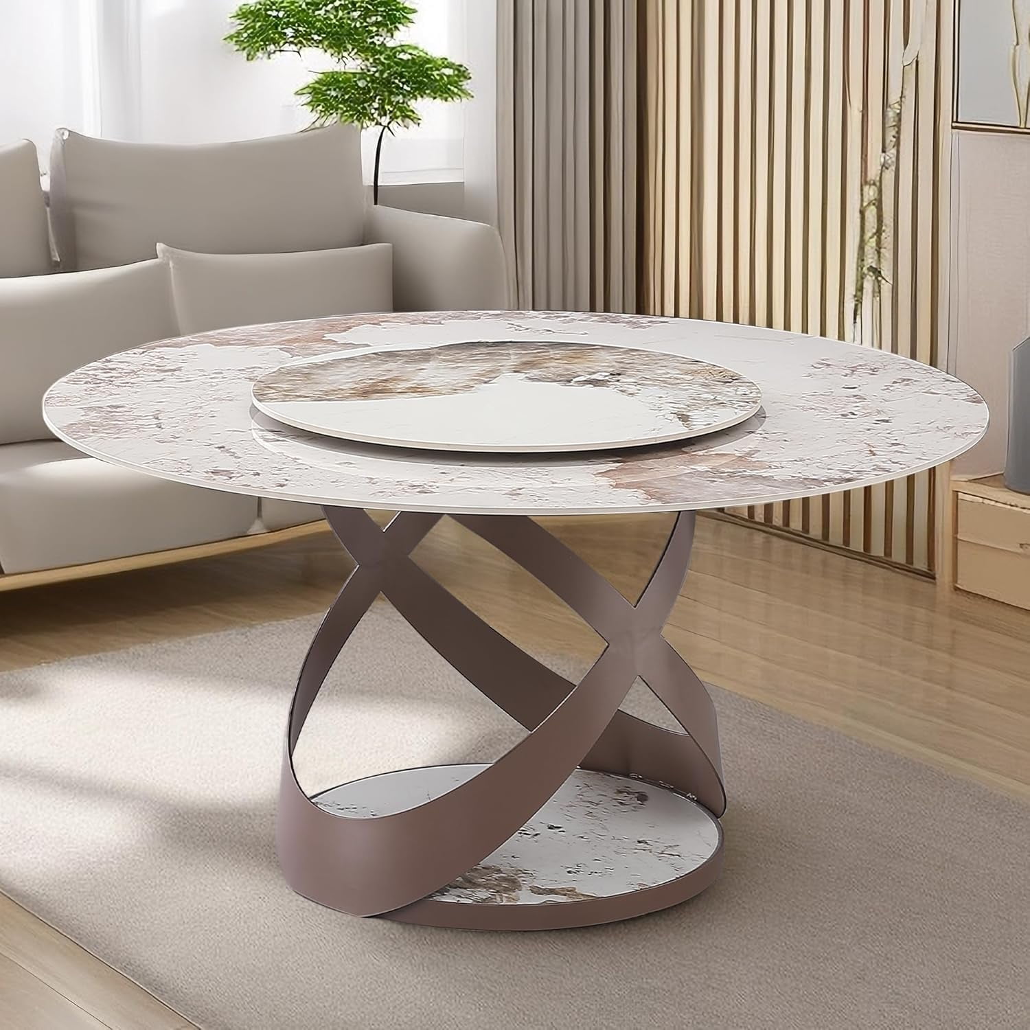 59" Round Sintered Stone Table w/ Detachable Lazy Susan | Carbon Steel ...