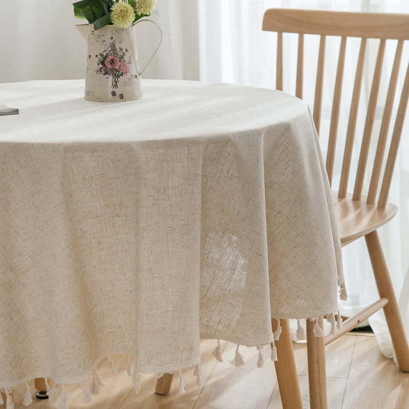 59" Round Table Cloth Cotton Linen Tassel Dust-Proof Table Cover for ...
