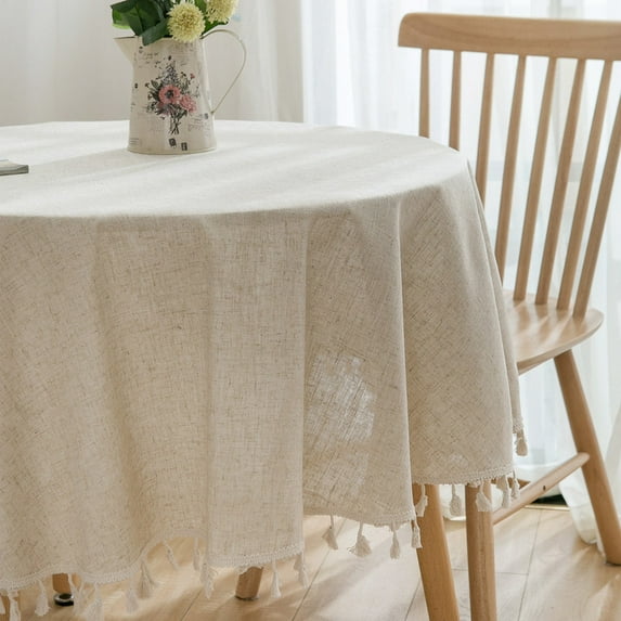 59" Round Table Cloth Cotton Linen Tassel Dust-Proof Table Cover for ...