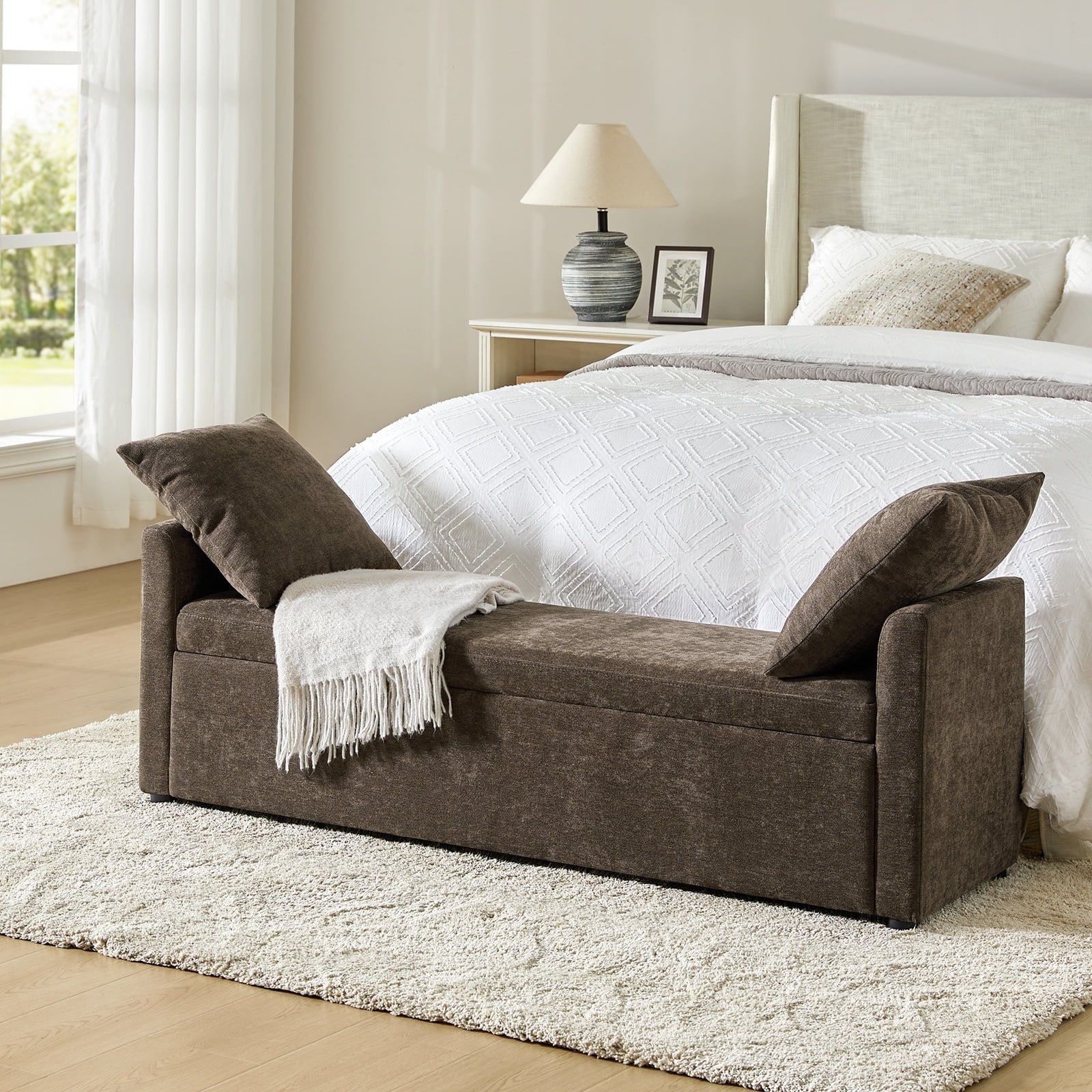 59" Storage Bench Upholstered Bed End Foot Stool 2 Throw Pillows ...