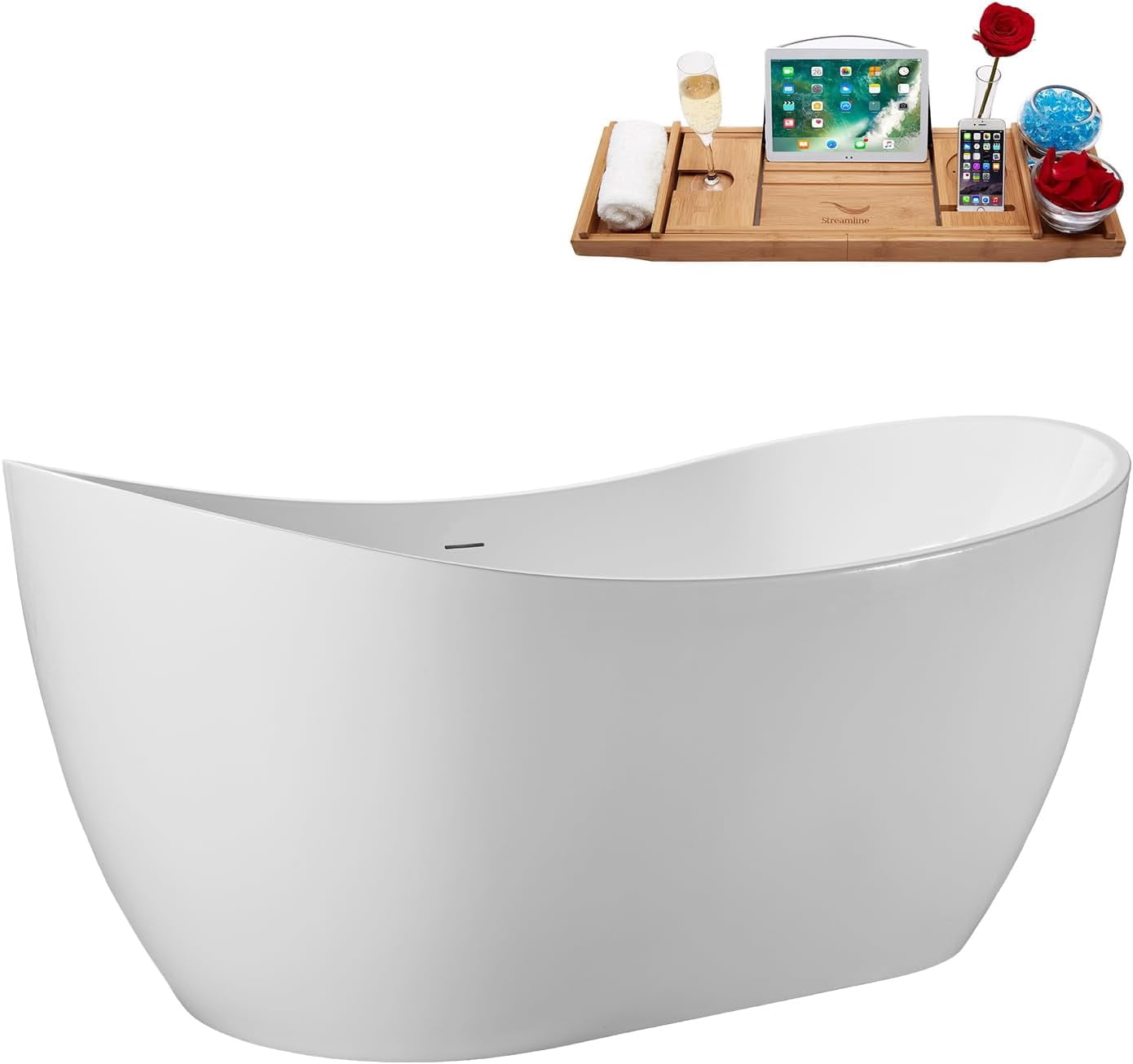 59" Streamline G-111-405-BL Soaking Glossy White Freestanding Tub With ...