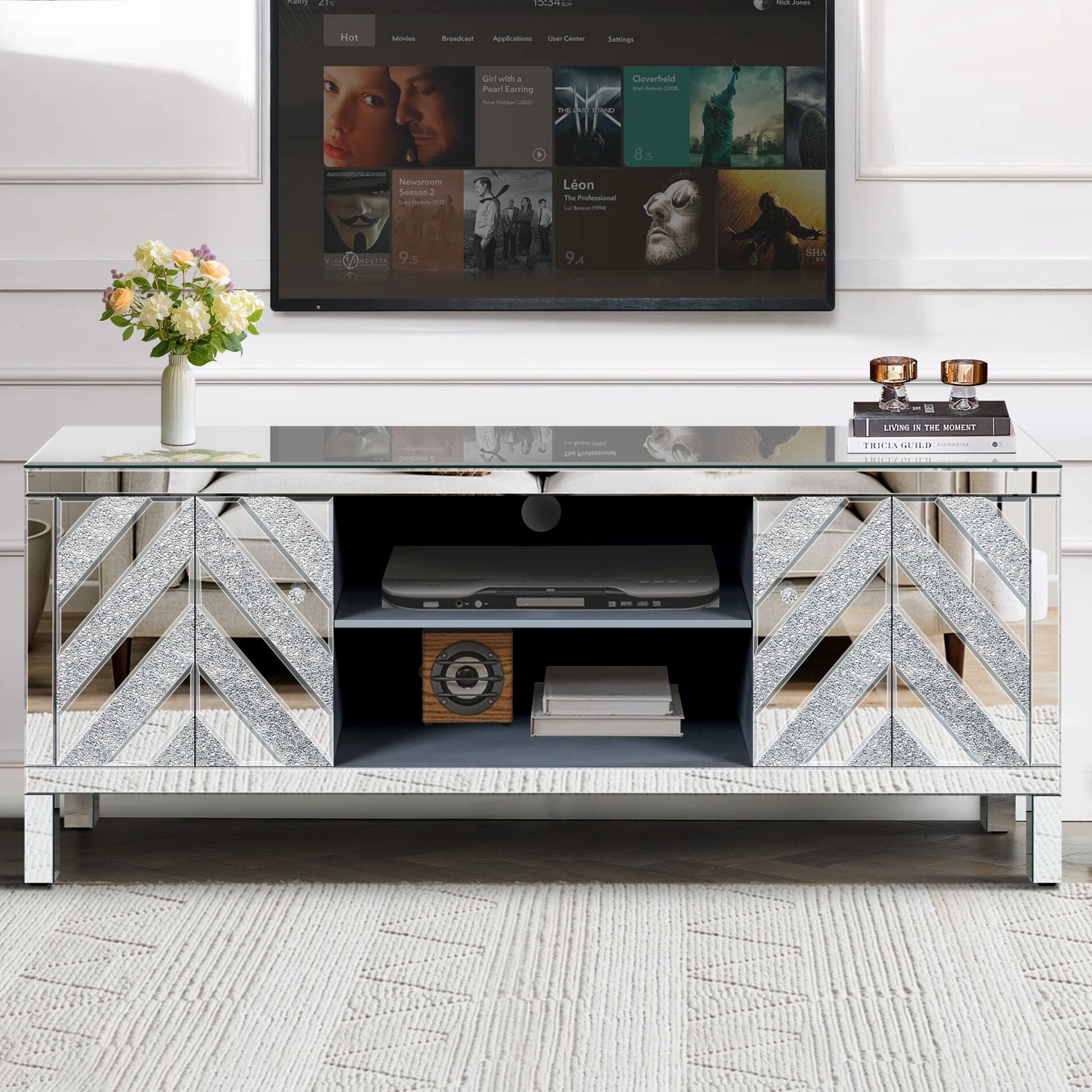 59" TV Stand for Living Room, Wavy Grain Mirrored TV Stand for 65+ Inch ...