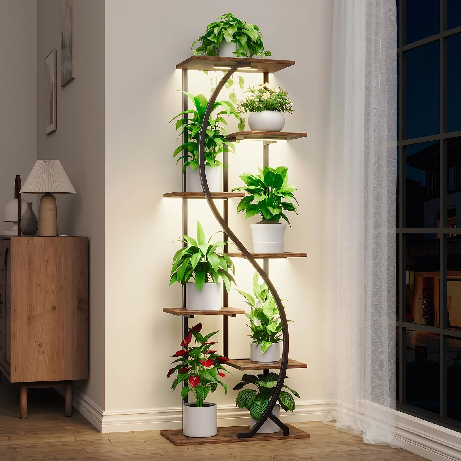 59" Tall 7-Tier Metal S-Shaped Plant Stand with Grow Light - Walmart.com