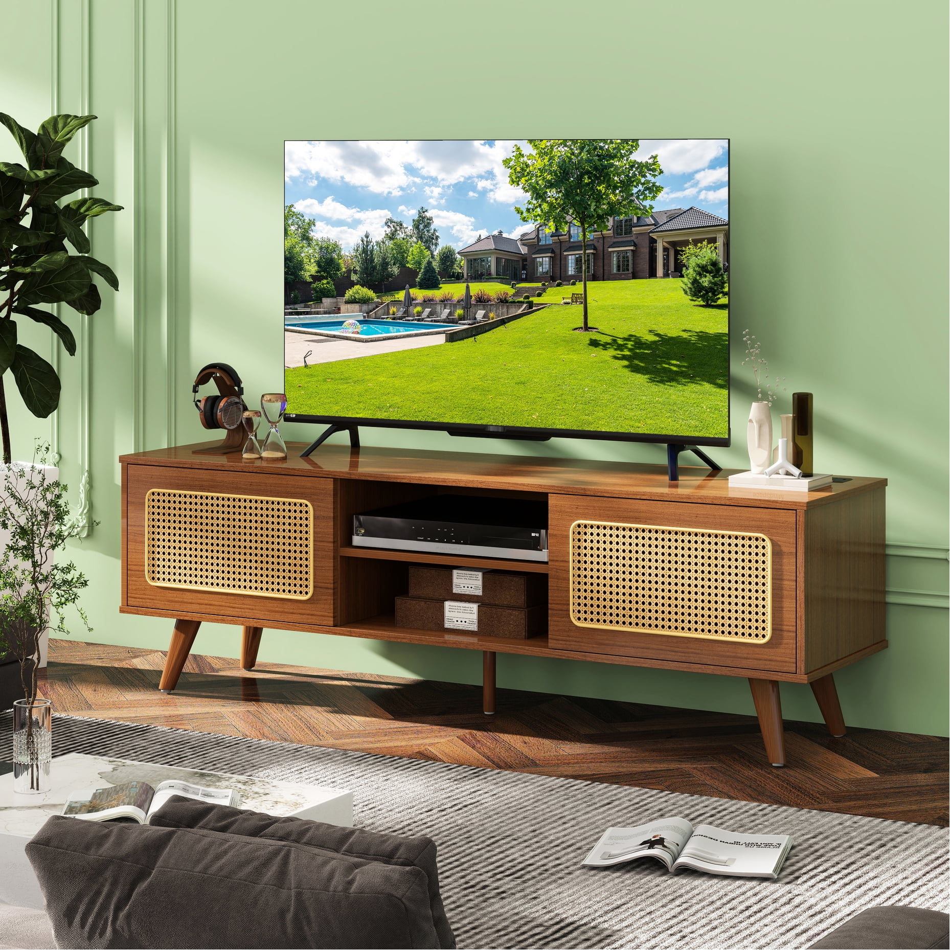 59" Tv Cabinet With Solid Wood Feet & Sliding Doors, Media Console For ...