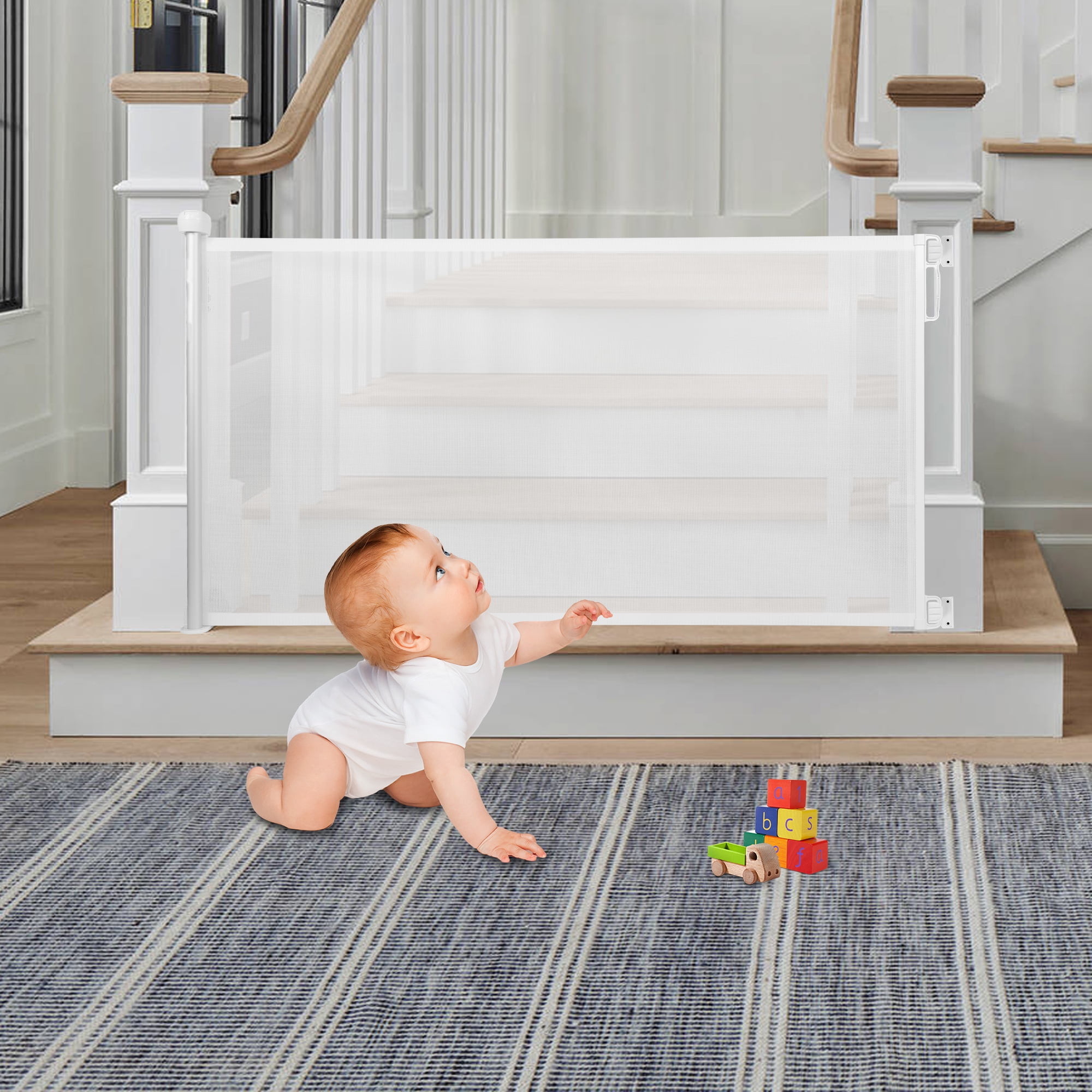 59"W Retractable Baby Gate for Kids or Pets Safety, White Mesh Gate ...