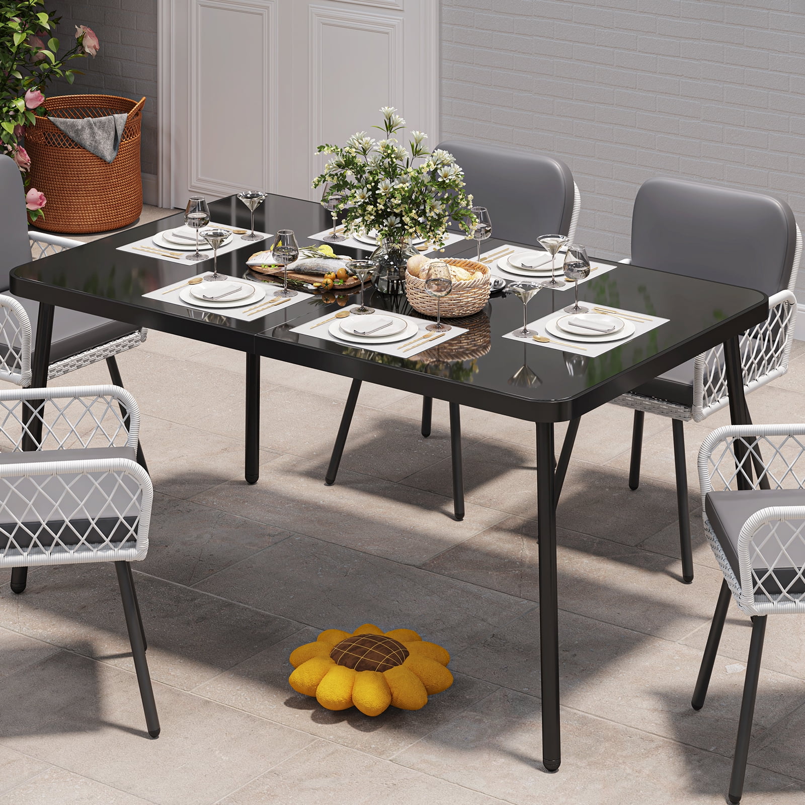 59 in Tempered Glass Patio Dining Table with Metal Frame, 4-6 Person ...