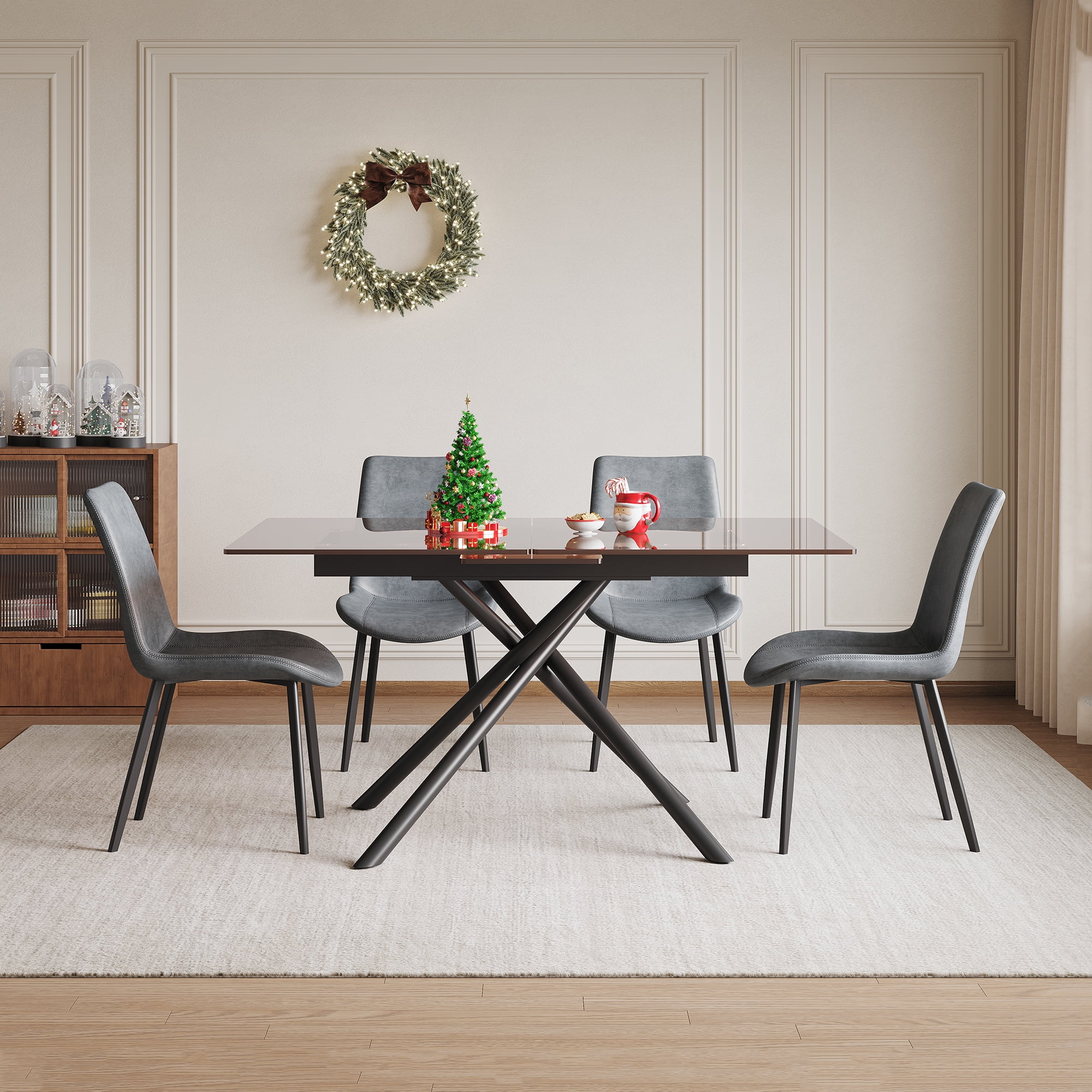 59-inch Expandable Dining Table Set with 4 Gray Ergonomic Chairs, Black ...