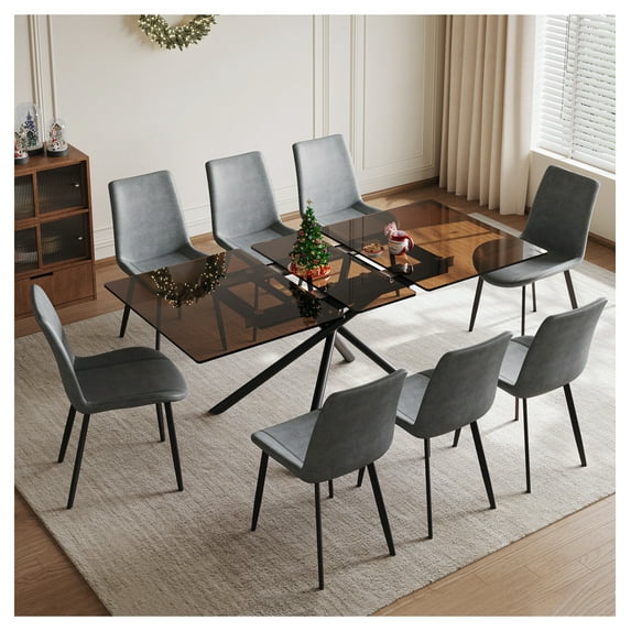 59-inch Expandable Dining Table Set with 8 Gray Ergonomic Chairs, Black ...