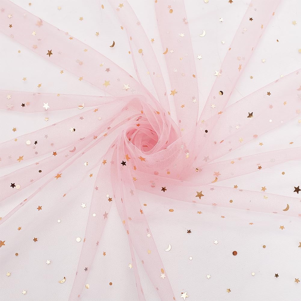 59" x 5 Yards Pink Glitter Tulle Fabric Rolls Pink Star Moon Sequin ...