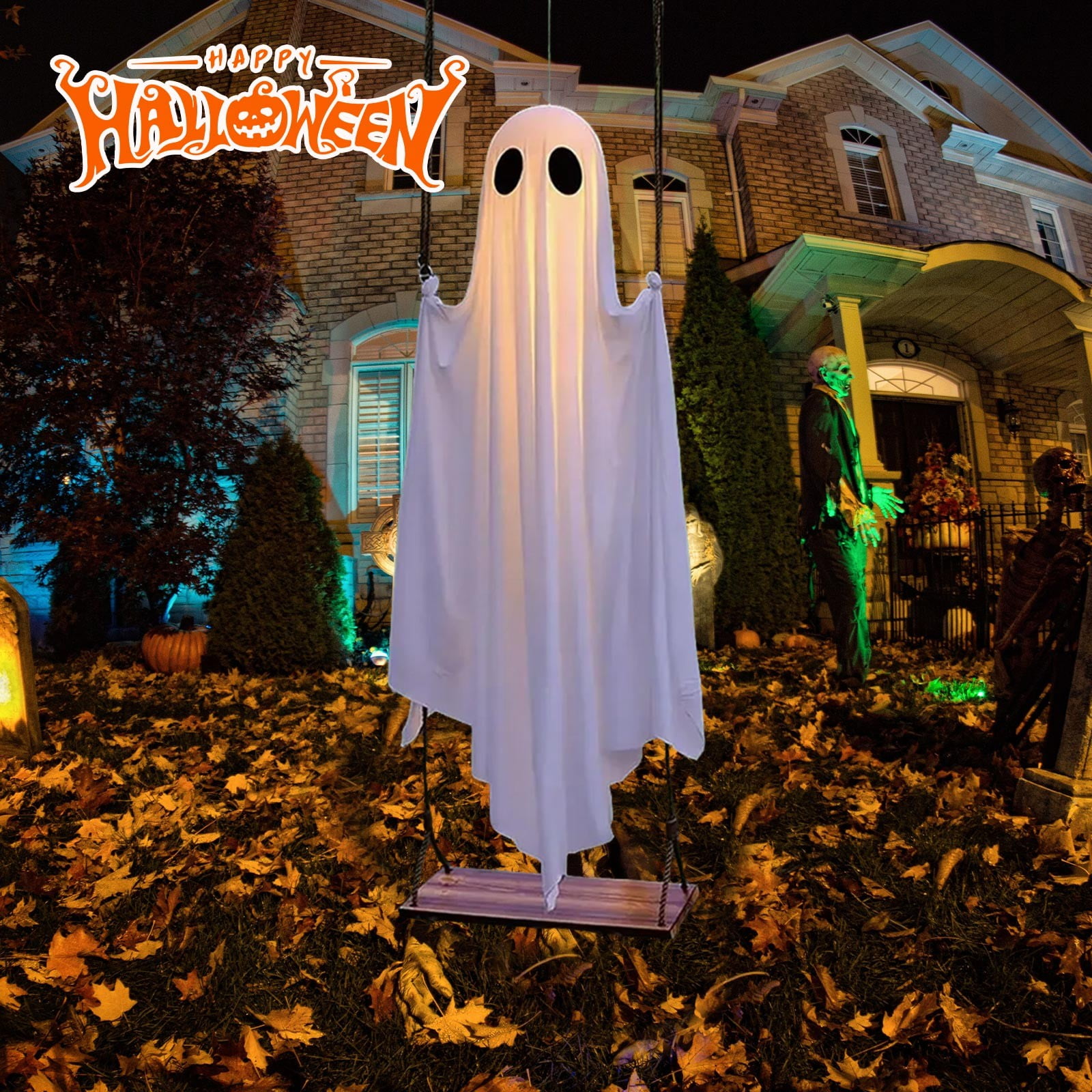 59In Large Hanging Ghost Swing With String Lights Halloween Upgraded ...